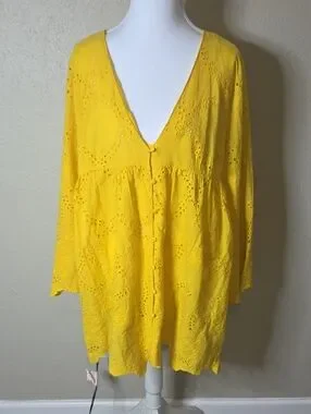 Zara | Swim | Zara Bright Yellow Eyelet Buttonfront Swim Coverup Large ...